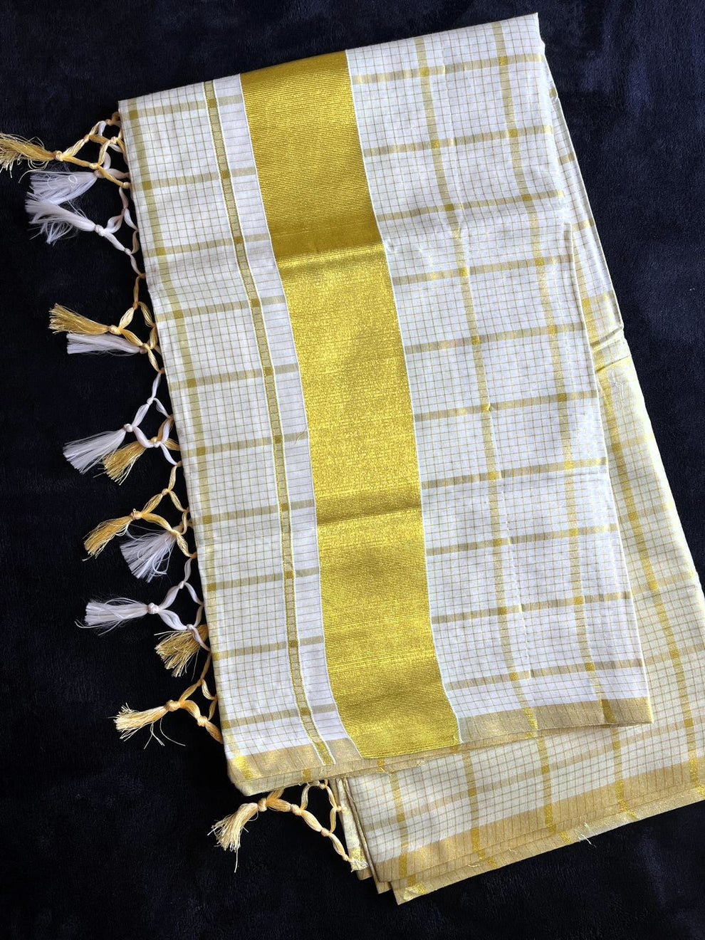 Cotton & Tissue Saree - Gold Check Pattern – Diya Collections