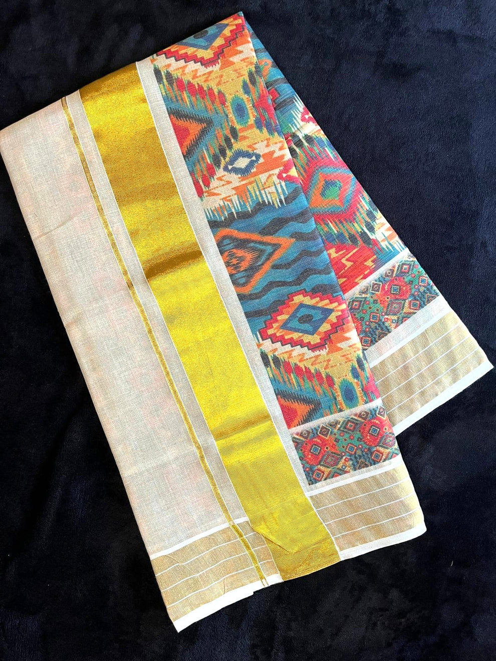 Saree - Gold Kasavu with Floral Prints – Diya Collections